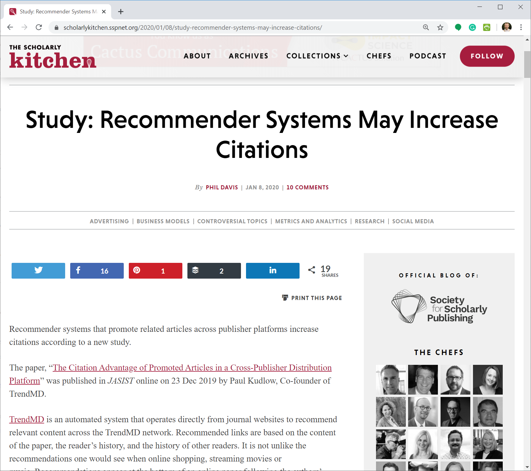 Recommender Systems May Increase Citations [Scholarly Kitchen] – RS_c