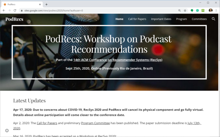 PodRecs@RecSys2020: Workshop on Podcast Recommendations – RS_c