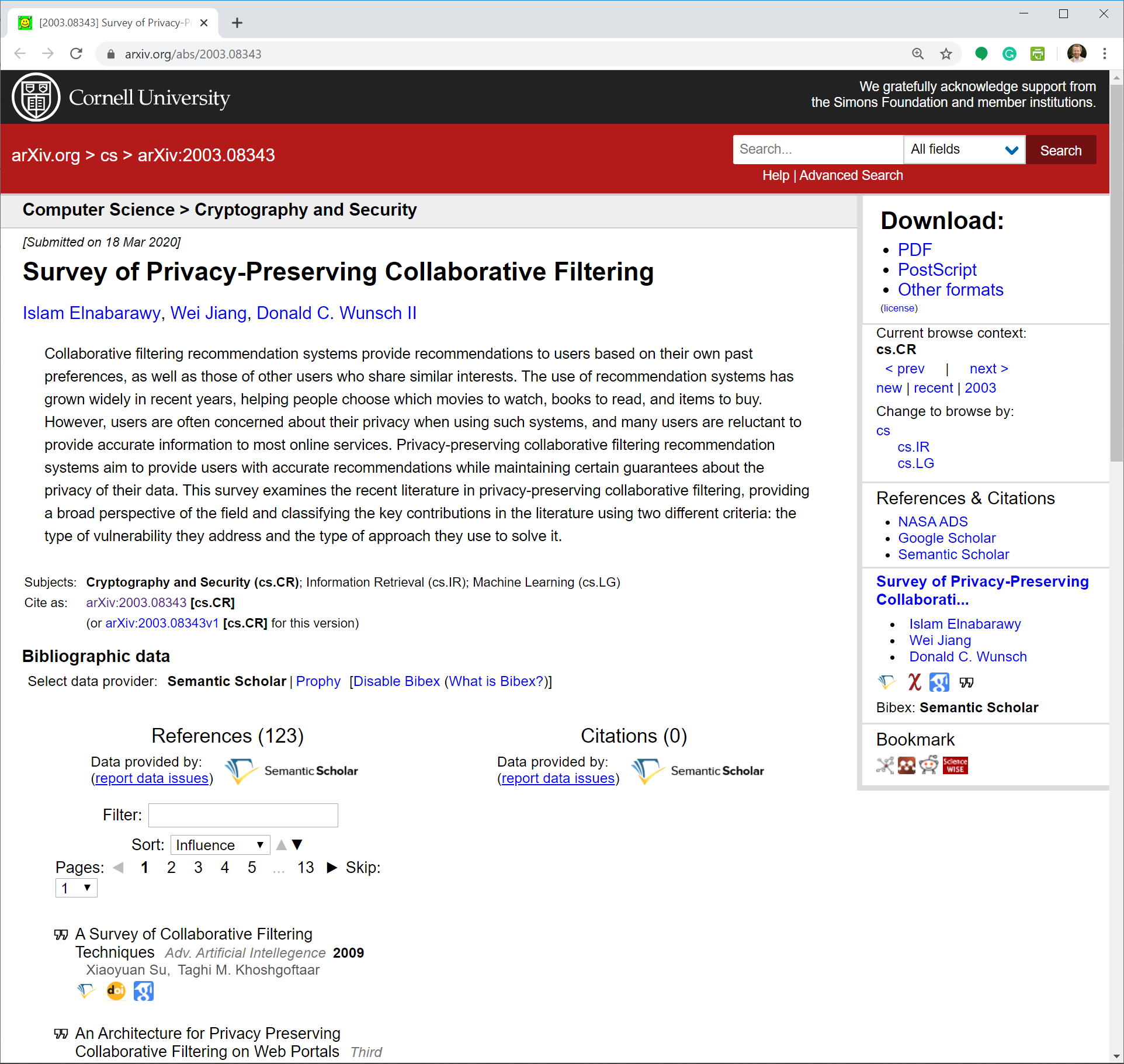 Survey of Privacy-Preserving Collaborative Filtering [Elnabarawy et al.] – RS_c